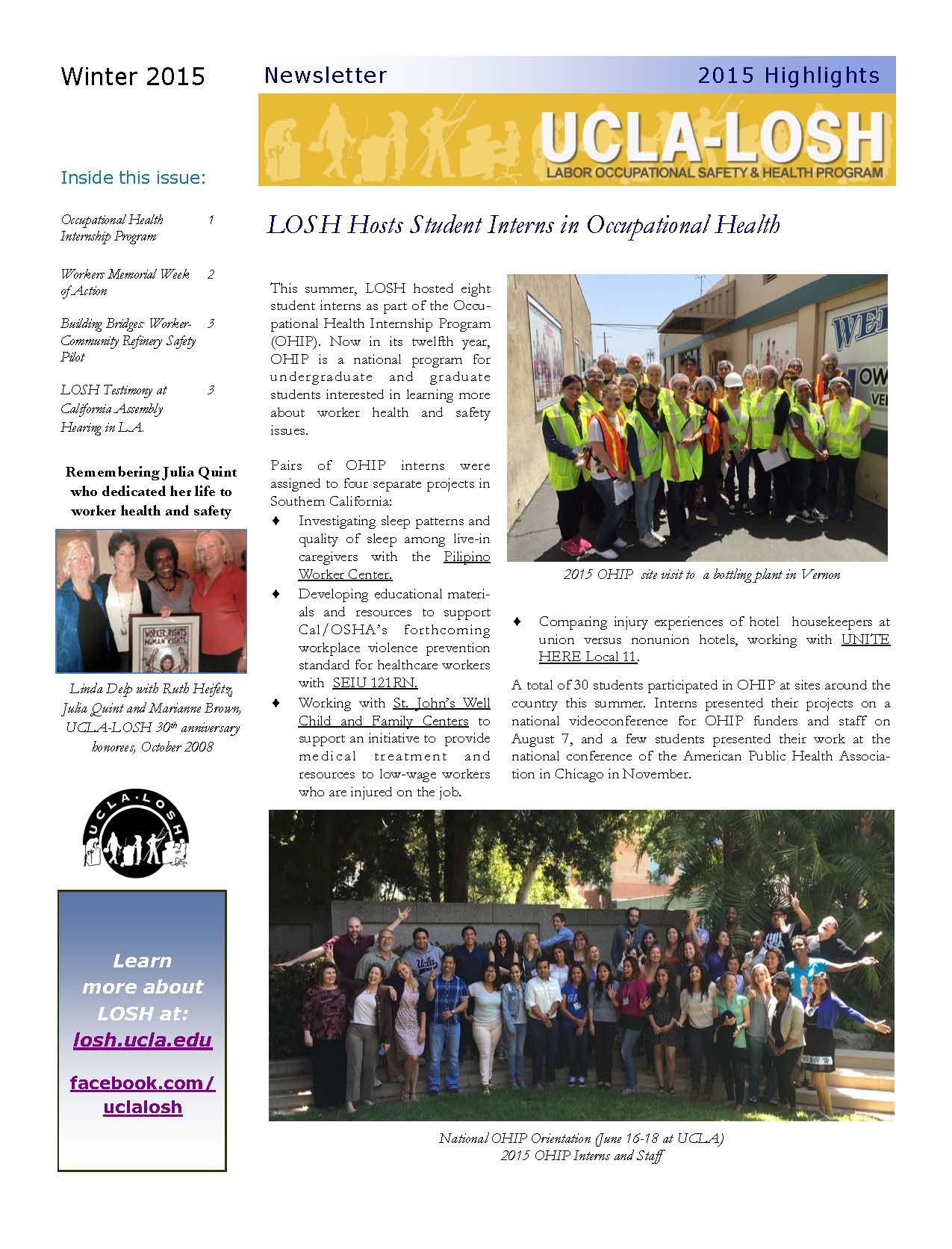 Newsletter Winter 2015 | Labor Occupational Safety and Health Program